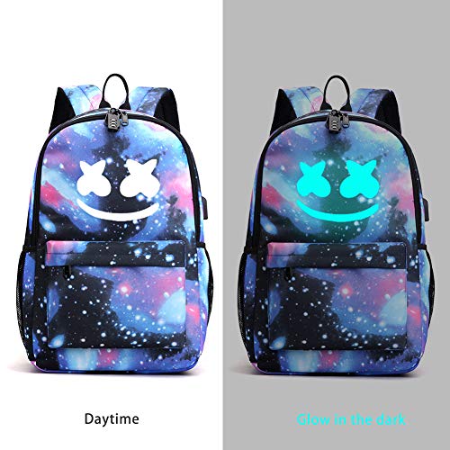 PIESWEETY Smily Luminous Laptop Backpack with USB Charging Port Lock Pencil Case for Birthday Gift, Bookbag Travel Daypack(Galaxy)
