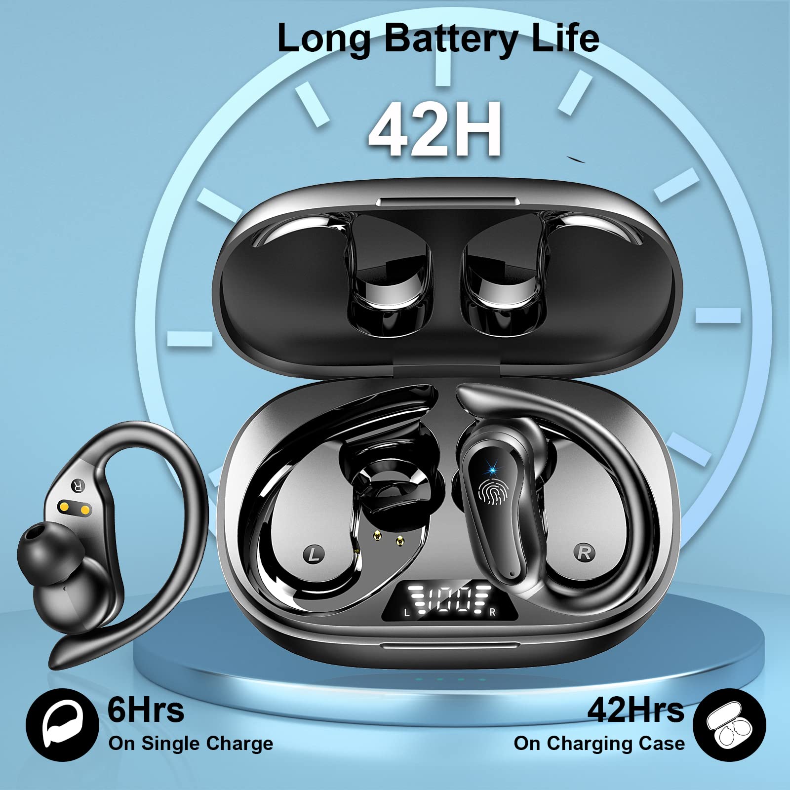 for OnePlus 9 Bluetooth 5.1 Headphones with Dual LED Digital Display 42Hrs Playtime, IP7 Waterproof Running Headphones with Earhooks & Mic