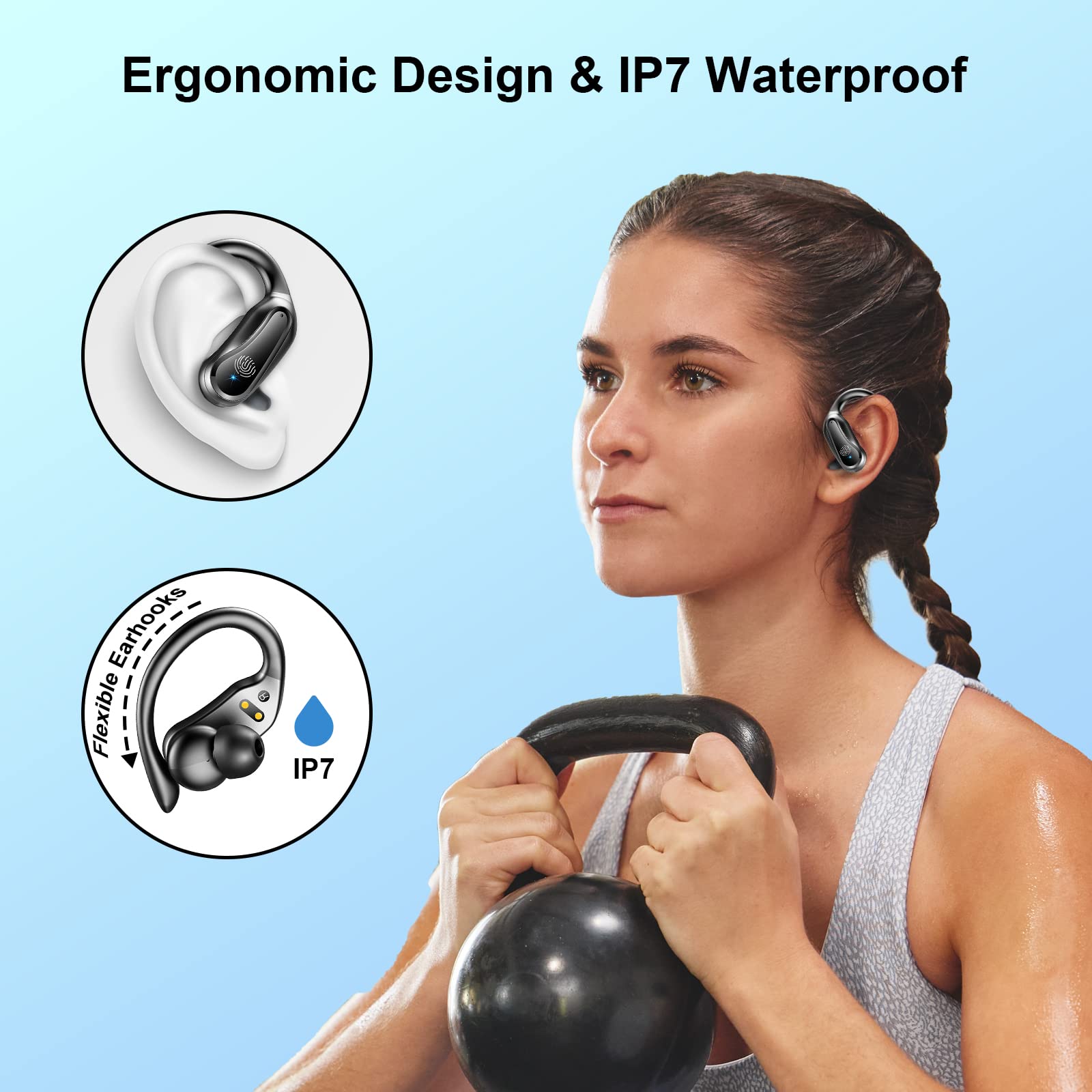 for OnePlus 9 Bluetooth 5.1 Headphones with Dual LED Digital Display 42Hrs Playtime, IP7 Waterproof Running Headphones with Earhooks & Mic