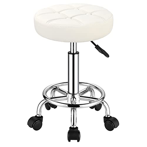 FNZIR Round Rolling Stools PU Leather Seat Height Adjustable Swivel Stool with Wheels White