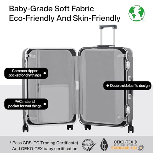 mixi Luggage Suitcase with Spinner Wheels, Upgrade Aluminum Frame PC Hardside Rolling Travel Suitcase with TSA Lock, 24'' Checked-in Trolley, Rock Gray
