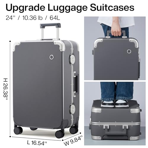 mixi Luggage Suitcase with Spinner Wheels, Upgrade Aluminum Frame PC Hardside Rolling Travel Suitcase with TSA Lock, 24'' Checked-in Trolley, Rock Gray