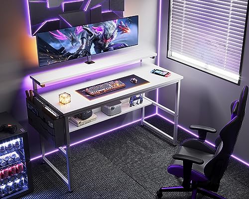 ODK 48 Inch Gaming Desk with Adjustable Monitor Stand (3.2", 4.3", 5.5"), Computer Desk for Small Spaces Home Office, Study Desk with Shelf, Modern Table Writing Desk, White
