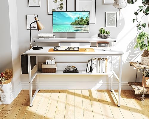 ODK 48 Inch Gaming Desk with Adjustable Monitor Stand (3.2", 4.3", 5.5"), Computer Desk for Small Spaces Home Office, Study Desk with Shelf, Modern Table Writing Desk, White