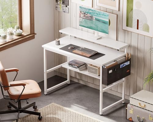 ODK 48 Inch Gaming Desk with Adjustable Monitor Stand (3.2", 4.3", 5.5"), Computer Desk for Small Spaces Home Office, Study Desk with Shelf, Modern Table Writing Desk, White