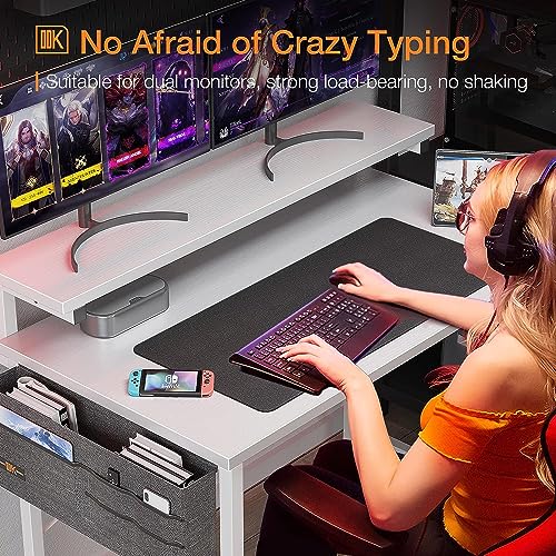 ODK 48 Inch Gaming Desk with Adjustable Monitor Stand (3.2", 4.3", 5.5"), Computer Desk for Small Spaces Home Office, Study Desk with Shelf, Modern Table Writing Desk, White