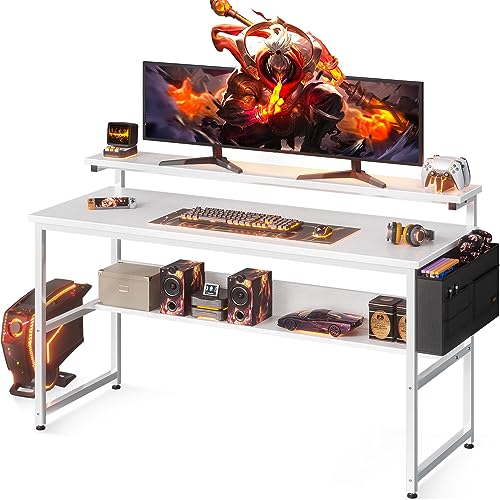 ODK 48 Inch Gaming Desk with Adjustable Monitor Stand (3.2", 4.3", 5.5"), Computer Desk for Small Spaces Home Office, Study Desk with Shelf, Modern Table Writing Desk, White