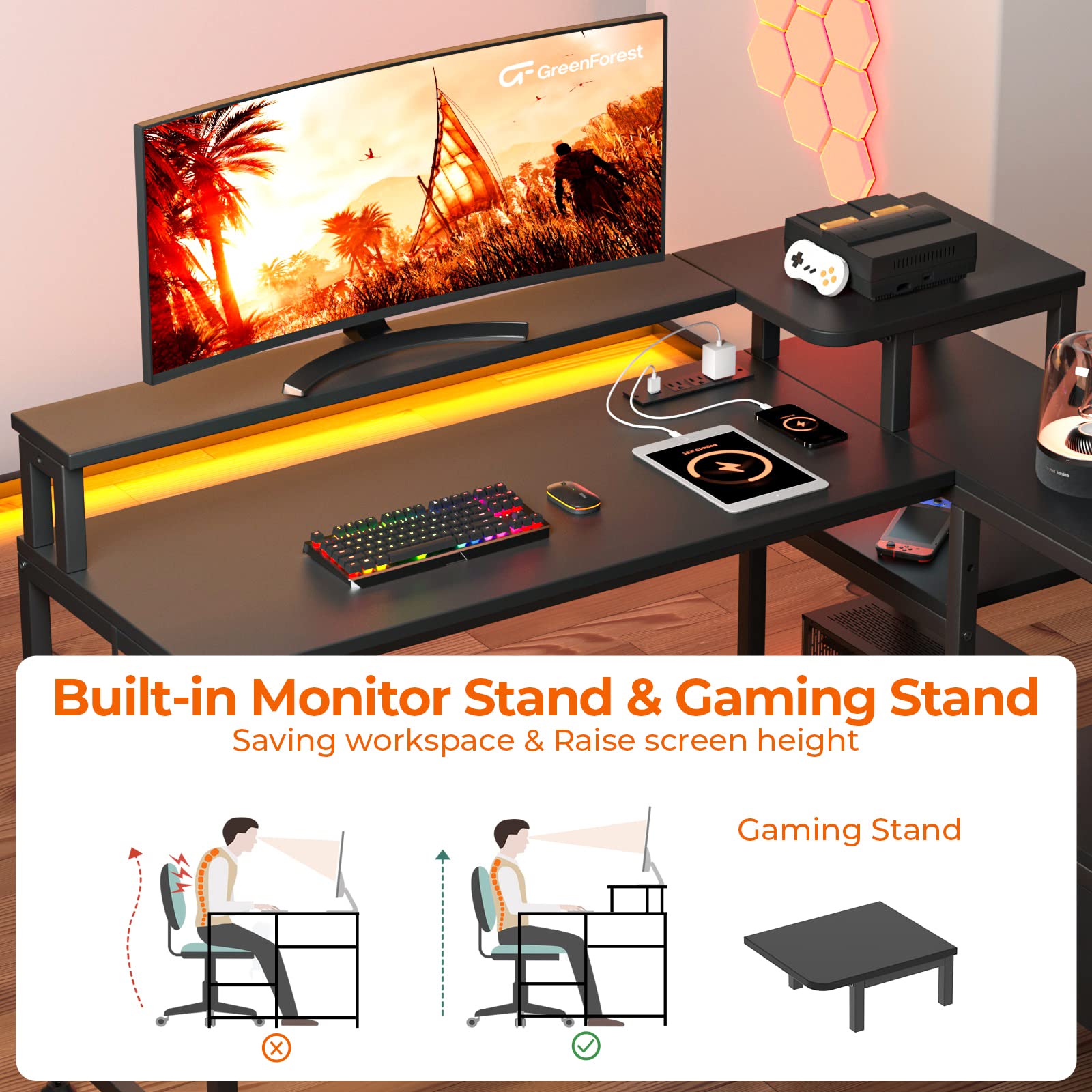 GreenForest L Shaped Desk with Drawers and Power Outlet, 51 inch Computer Gaming Desk with Monitor Stand and 4 Tier Storage Shelves, Printer Stand and Hooks for Work and Study, Black