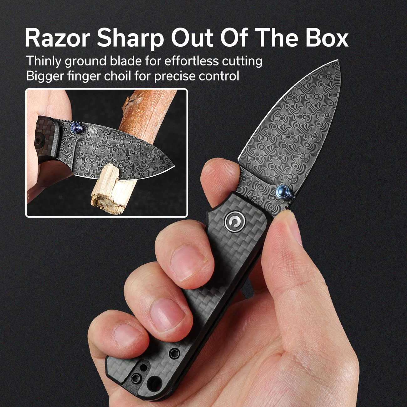 CIVIVI Small Pocket Knife for EDC, Ben Petersen Folding Knife Baby Banter with 2.34" Damascus Blade Carbon Fiber Overlay on G10 Handle, Titanium Thumb Stud Opener C19068S-DS1