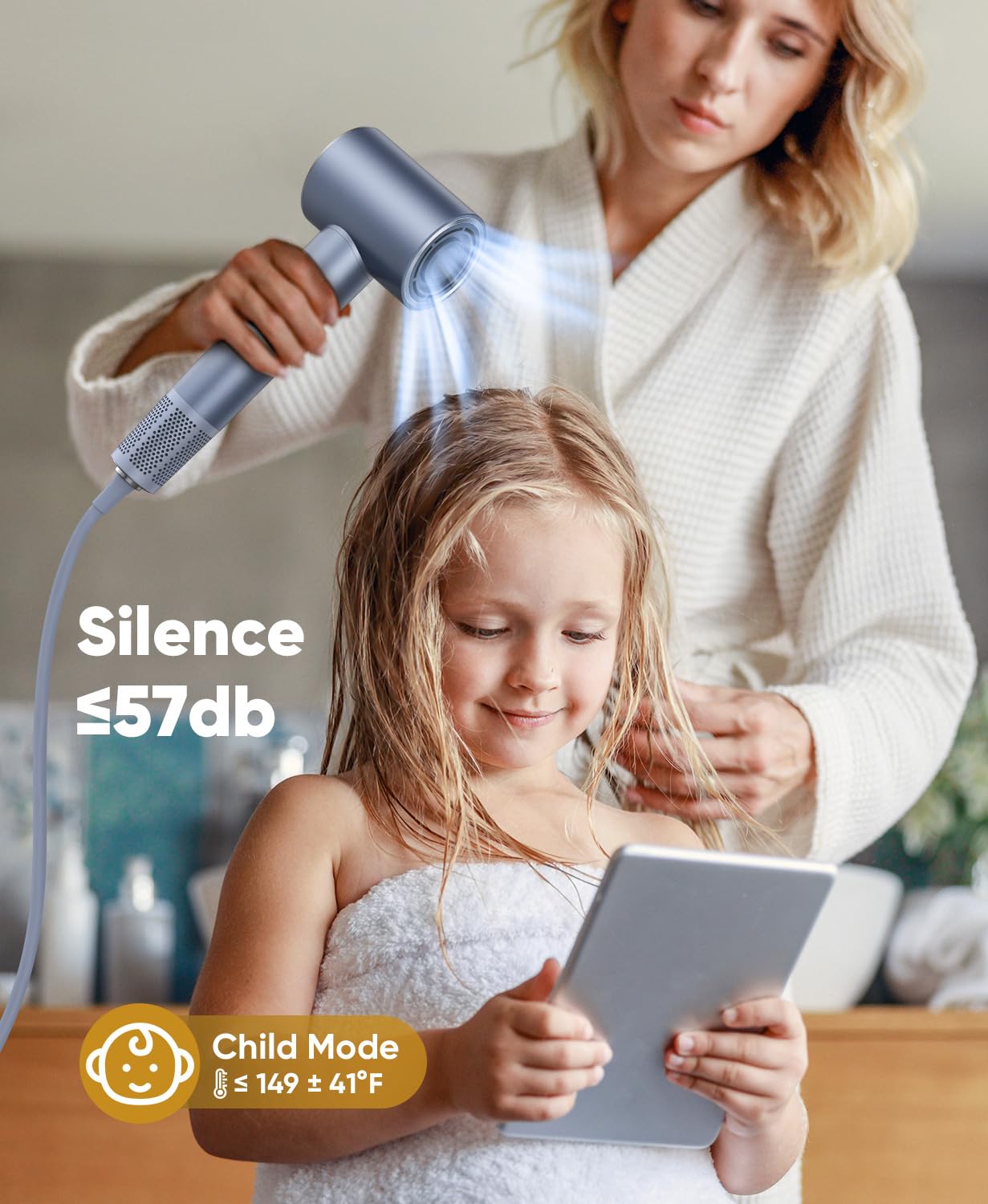 High Speed Hair Dryer with Ionic，110,000 RPM，3 Temper，LED Display，Auto Presets，No Heat Damage，50 DB Low Noise for Children，Home，Travel