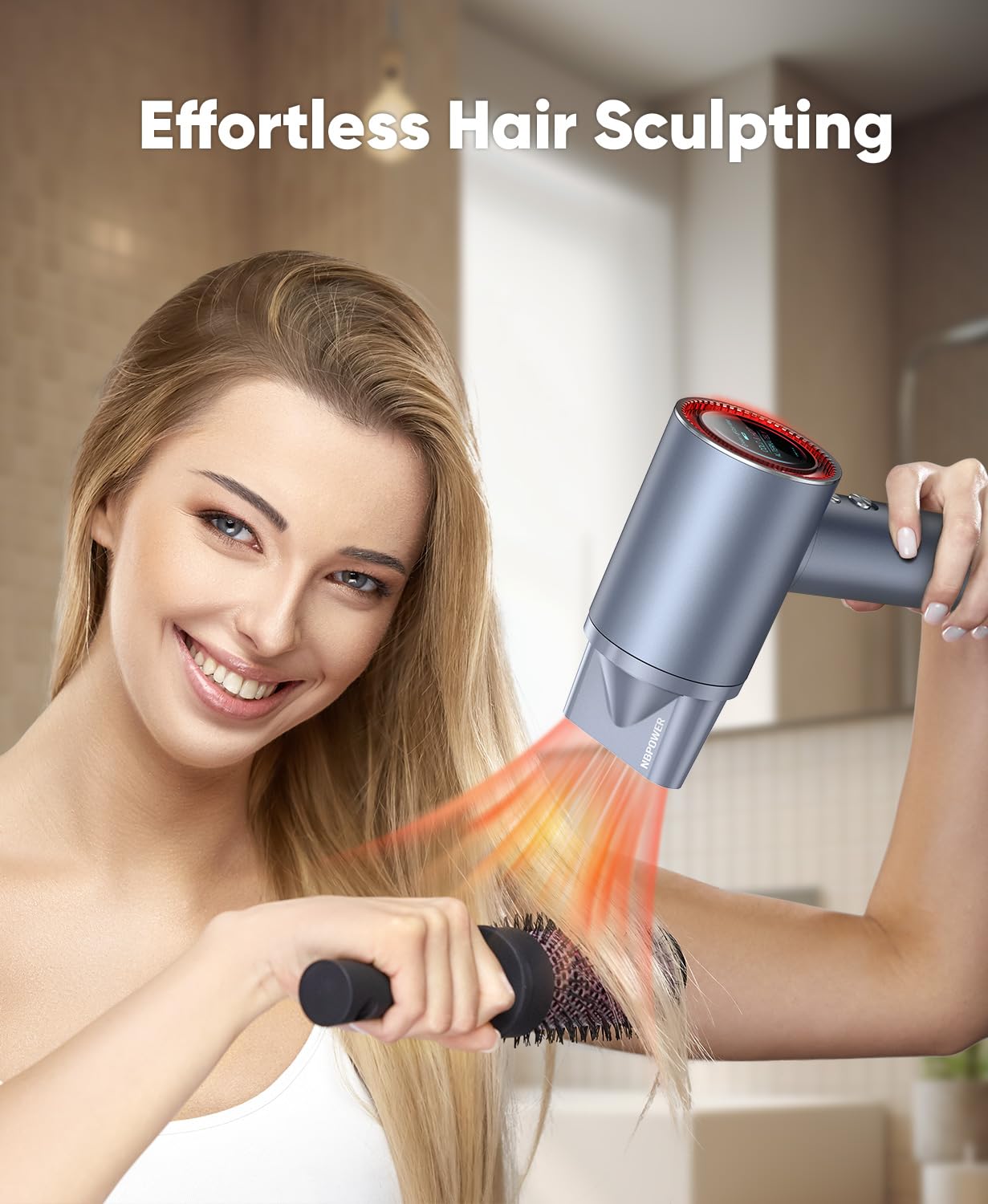 High Speed Hair Dryer with Ionic，110,000 RPM，3 Temper，LED Display，Auto Presets，No Heat Damage，50 DB Low Noise for Children，Home，Travel