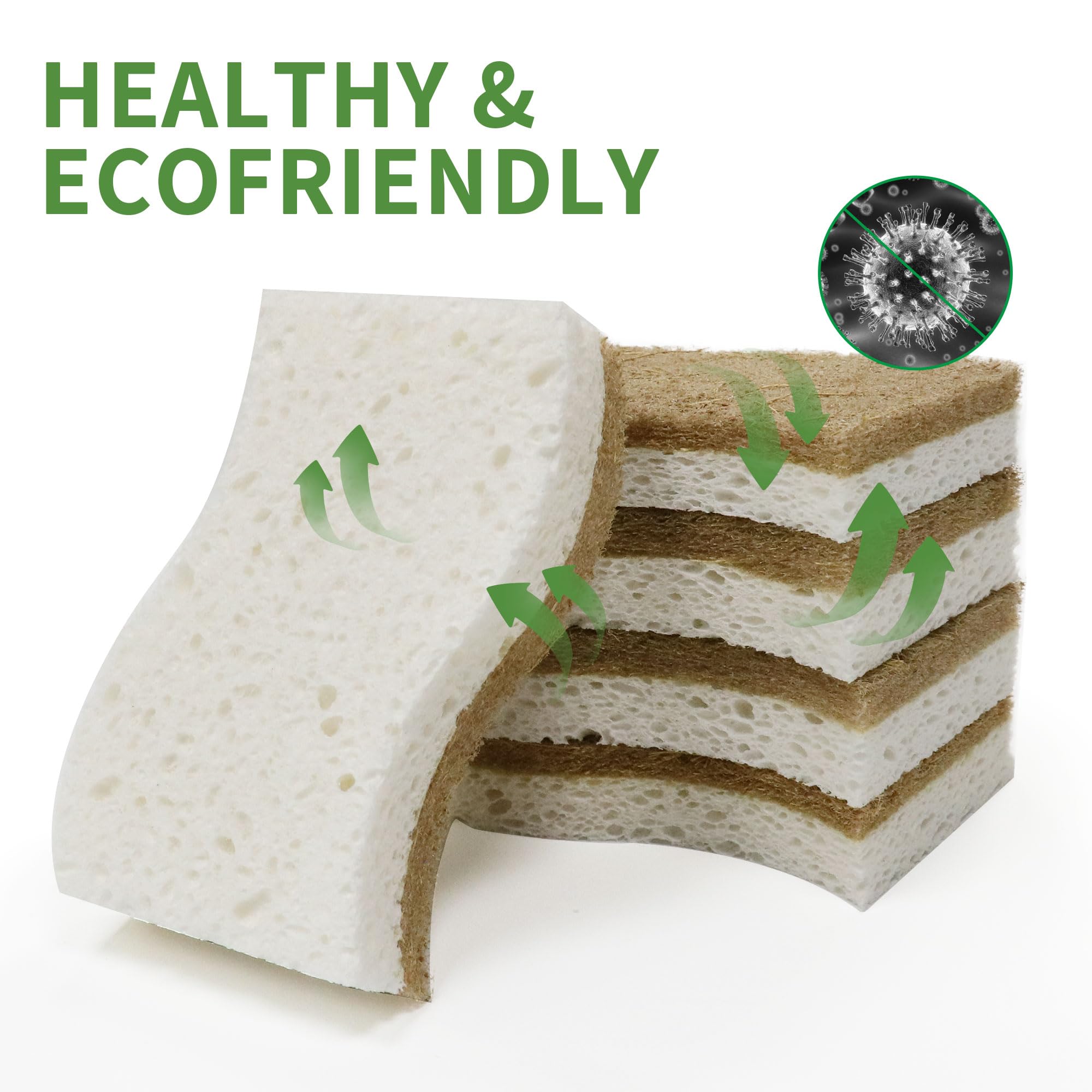 KICKLEEN 9 Pack Biodegradable Natural Kitchen Sponge - Compostable Cellulose and Coconut Walnut Scrubber Sponge - Eco Friendly Sustainable Sponges for Dishes