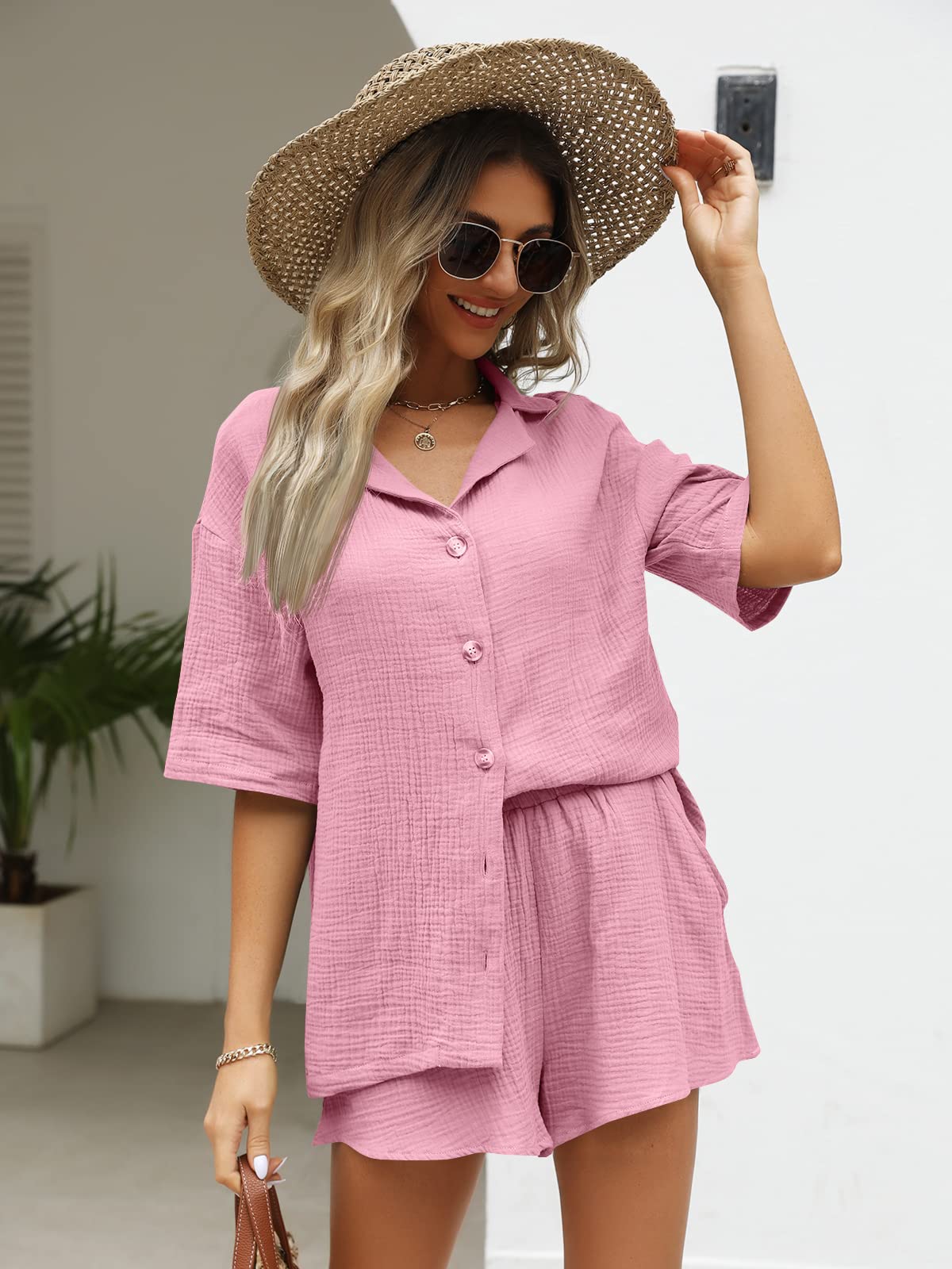 AUTOMET 2 Piece Sets For Women Lounge Wear Matching Two Piece Pajama Fashion Oversized Shirts And Shorts Spring Outfit 2025 Pink02 M