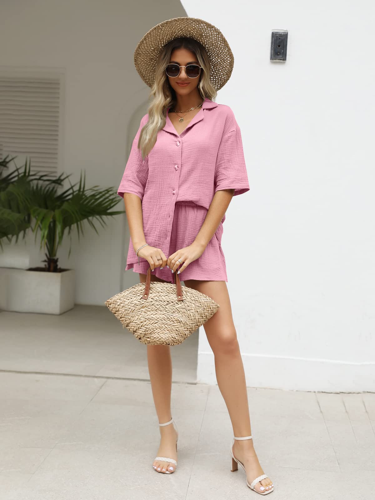 AUTOMET 2 Piece Sets For Women Lounge Wear Matching Two Piece Pajama Fashion Oversized Shirts And Shorts Spring Outfit 2025 Pink02 M