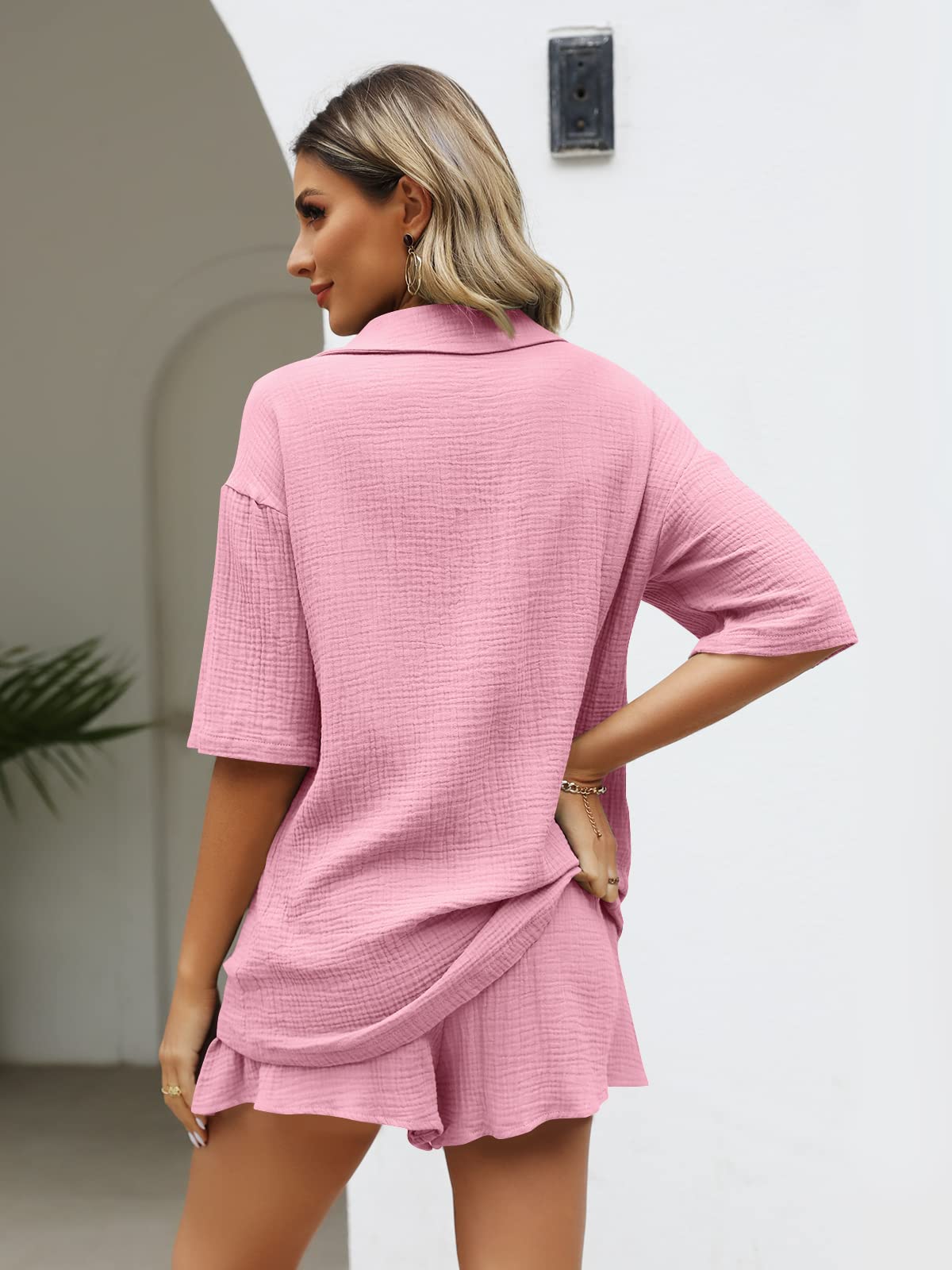 AUTOMET 2 Piece Sets For Women Lounge Wear Matching Two Piece Pajama Fashion Oversized Shirts And Shorts Spring Outfit 2025 Pink02 M