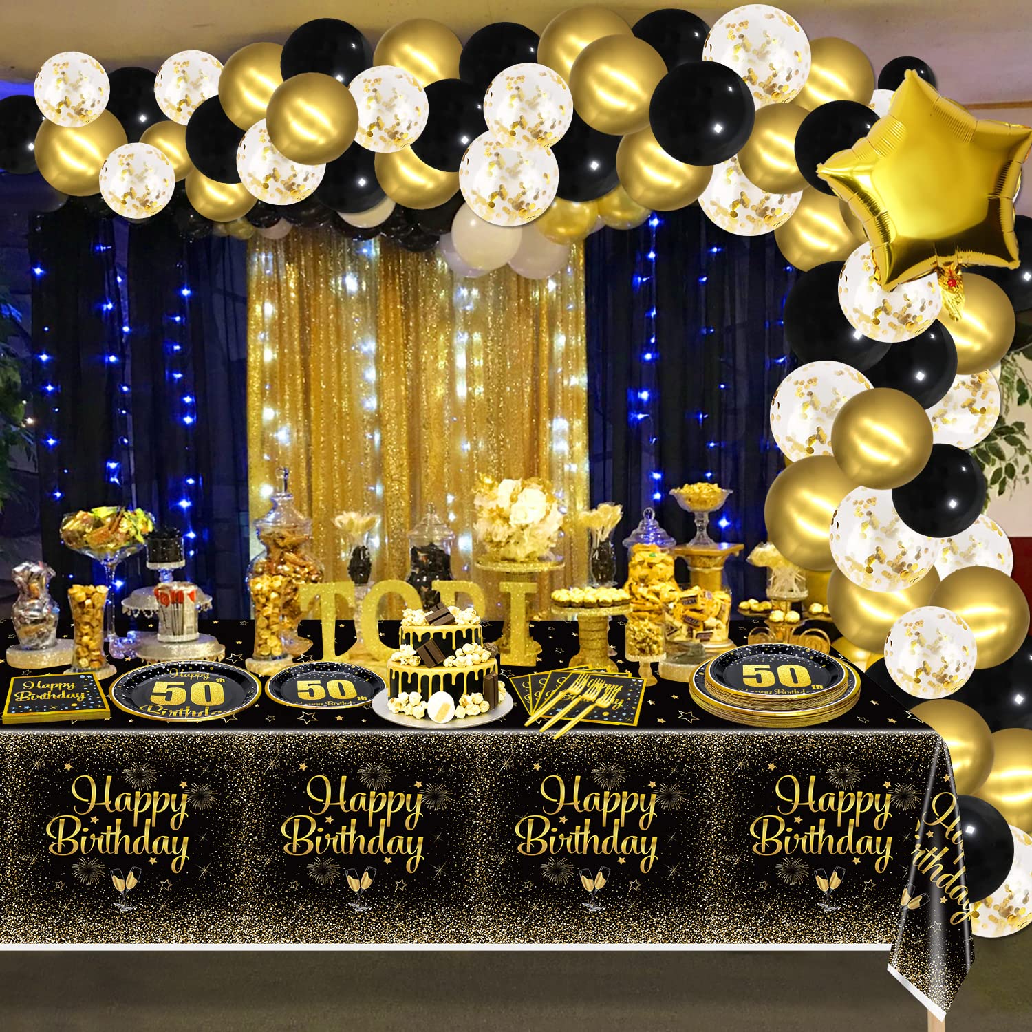 Hegbolke 50th Birthday Decorations for Women and Men - 81 Pcs Plates Napkins 50th Tablecloth Forks Set Black and Gold Party Decorations Serve 20