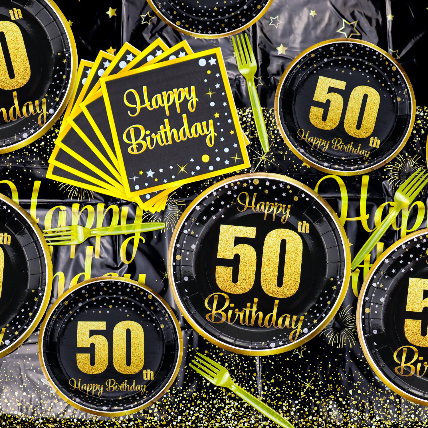 Hegbolke 50th Birthday Decorations for Women and Men - 81 Pcs Plates Napkins 50th Tablecloth Forks Set Black and Gold Party Decorations Serve 20