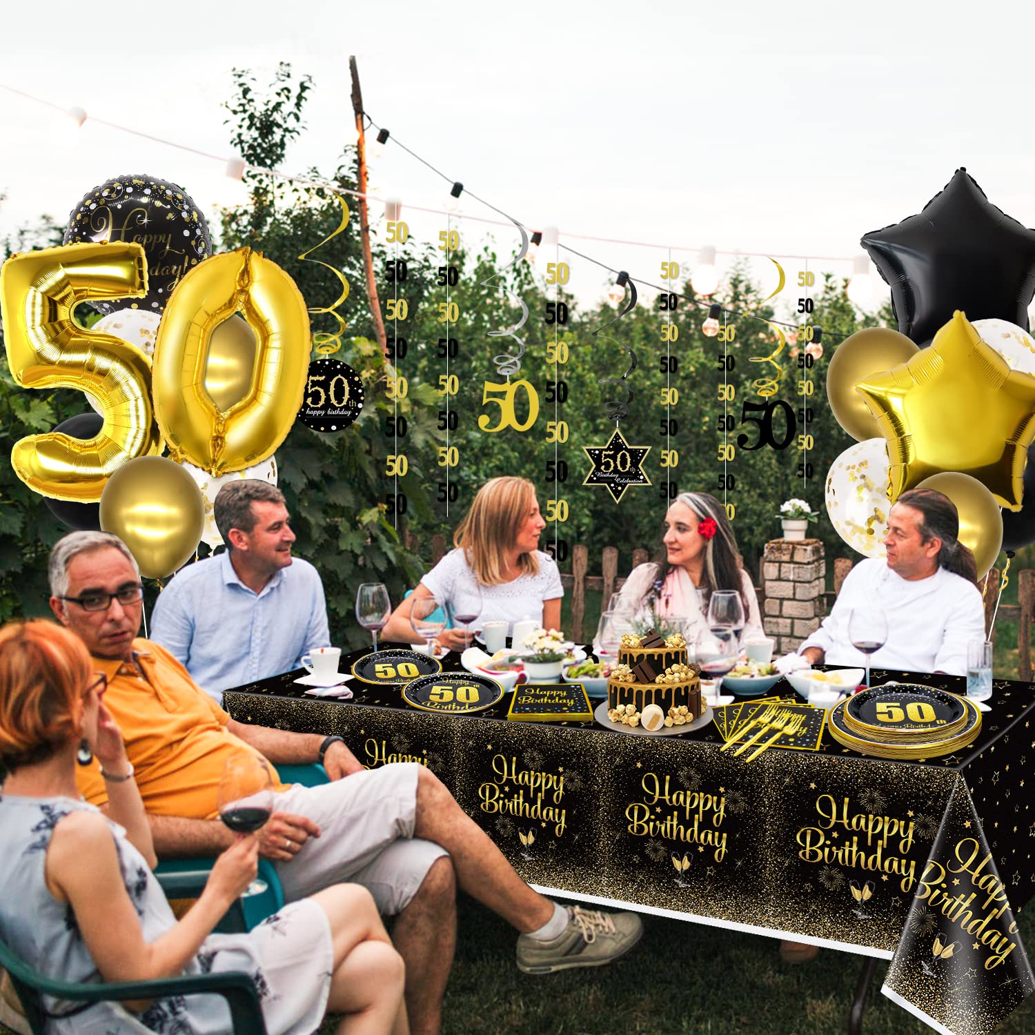 Hegbolke 50th Birthday Decorations for Women and Men - 81 Pcs Plates Napkins 50th Tablecloth Forks Set Black and Gold Party Decorations Serve 20
