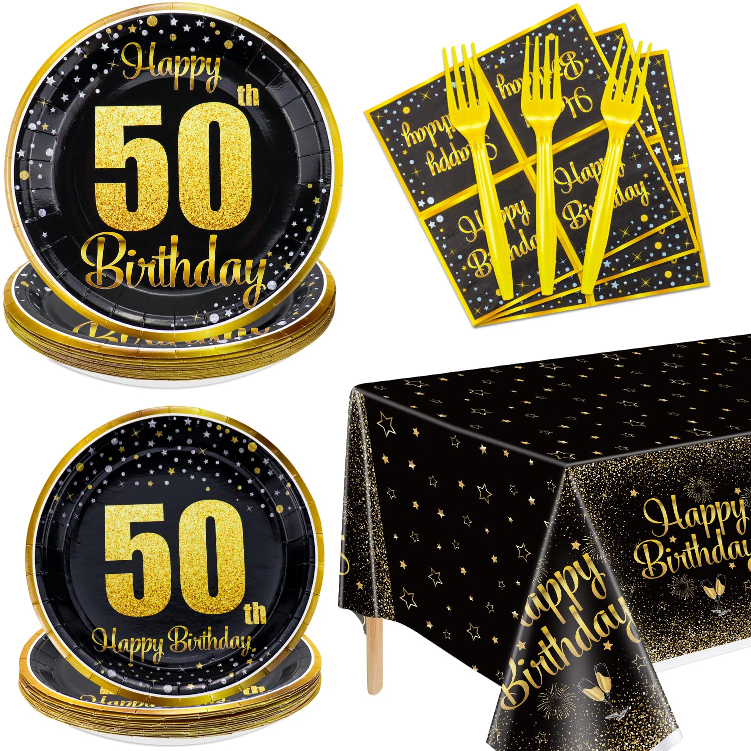 Hegbolke 50th Birthday Decorations for Women and Men - 81 Pcs Plates Napkins 50th Tablecloth Forks Set Black and Gold Party Decorations Serve 20