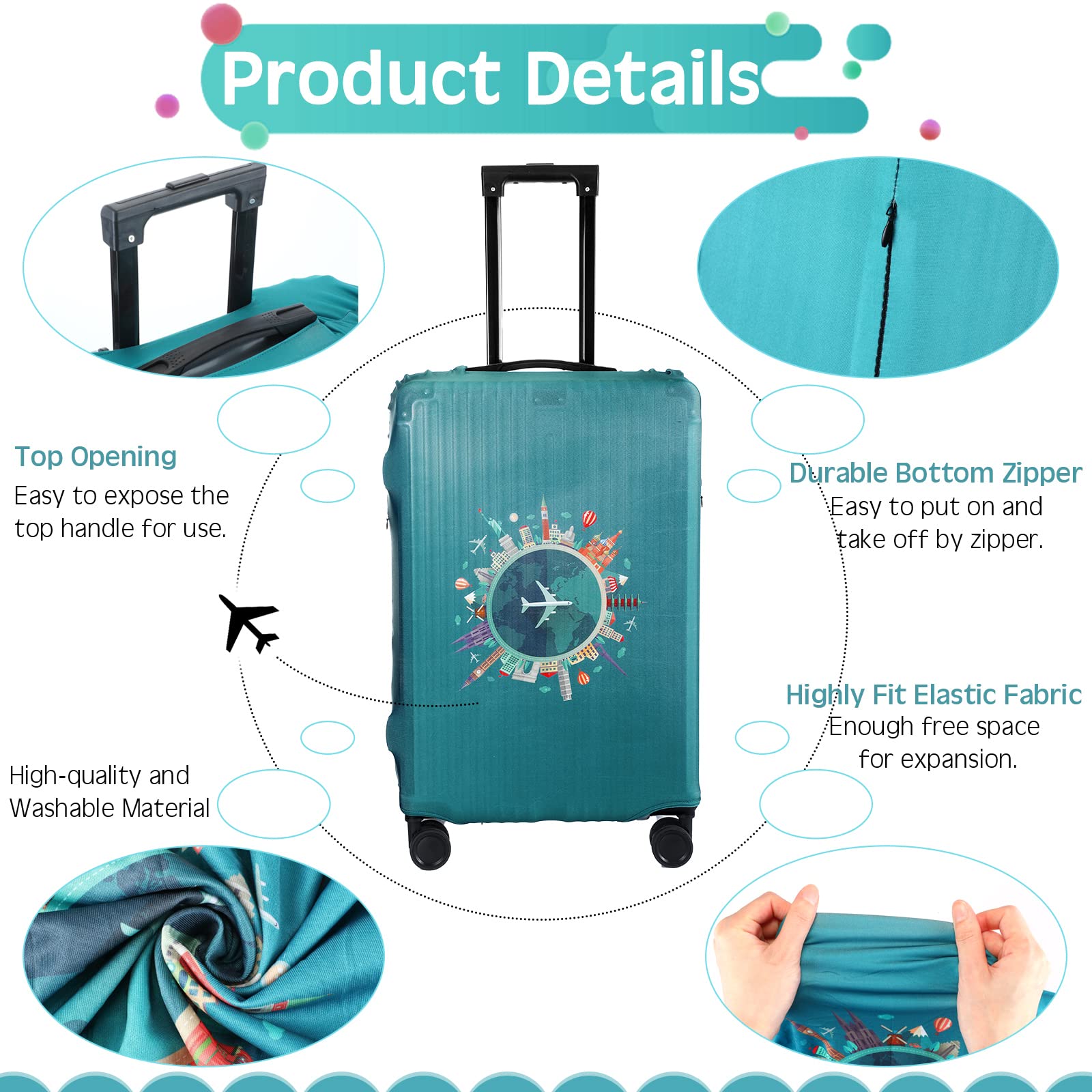 Sherr 3 Pieces Travel Luggage Cover Suitcase Protector Anti Scratch Suitcase Washable Baggage Covers(Travel Theme,S/Medium/L)