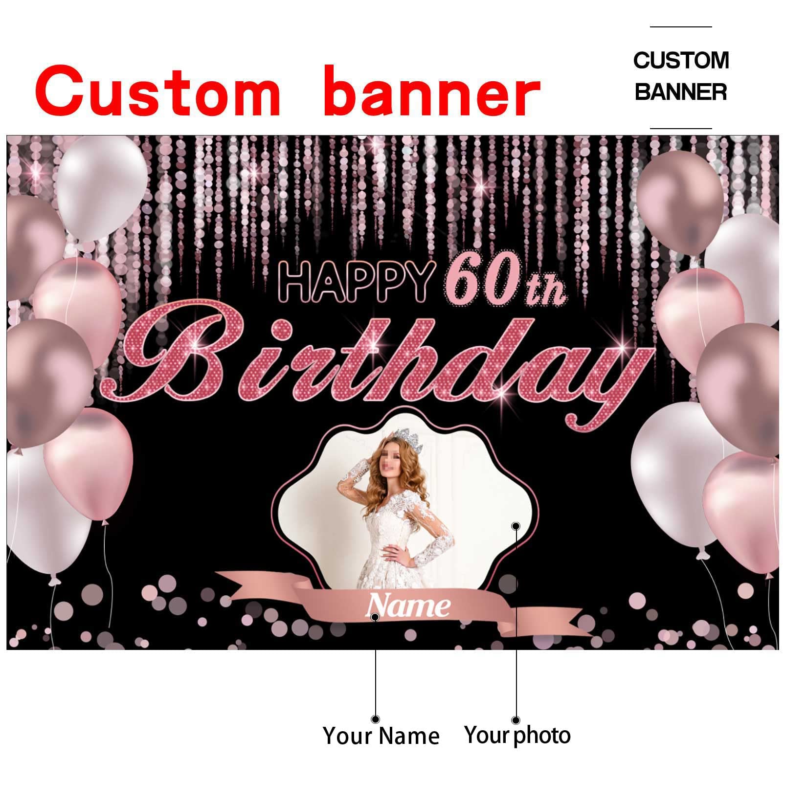 Custom Rose Gold Happy 60th Birthday Decoration Banner - Large Sizes-Personalization with Name and Photo Supported
