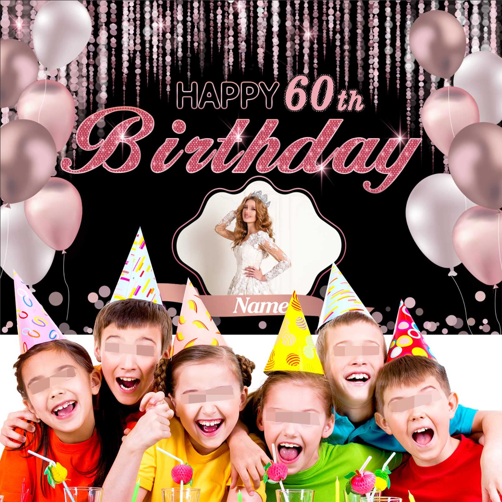 Custom Rose Gold Happy 60th Birthday Decoration Banner - Large Sizes-Personalization with Name and Photo Supported