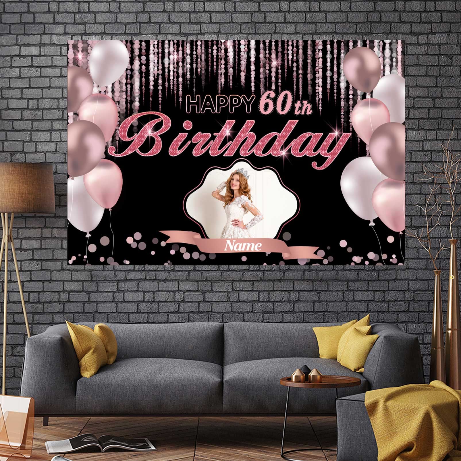 Custom Rose Gold Happy 60th Birthday Decoration Banner - Large Sizes-Personalization with Name and Photo Supported