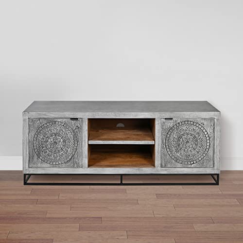 The Urban Port 63-Inch Handcrafted TV Media Entertainment Console, 2 Medallion Engraved Doors, Sandblasted Gray Mango Wood, Black Iron Stand