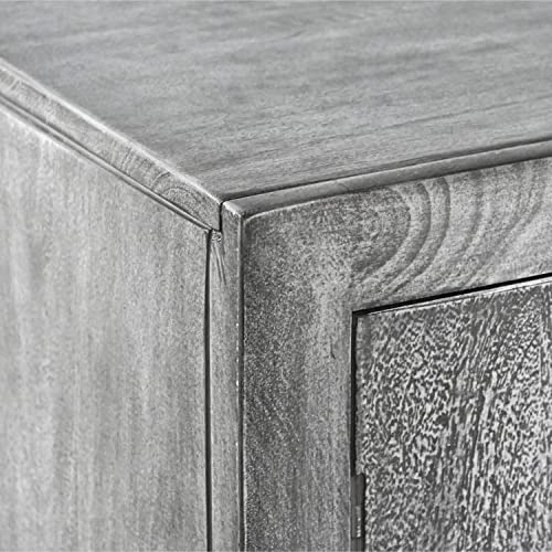 The Urban Port 63-Inch Handcrafted TV Media Entertainment Console, 2 Medallion Engraved Doors, Sandblasted Gray Mango Wood, Black Iron Stand