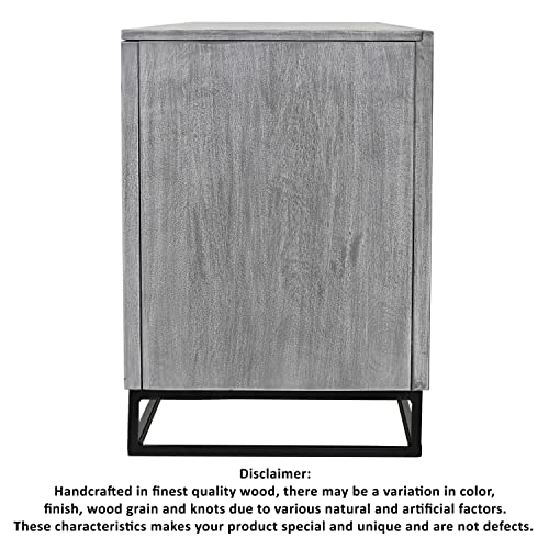 The Urban Port 63-Inch Handcrafted TV Media Entertainment Console, 2 Medallion Engraved Doors, Sandblasted Gray Mango Wood, Black Iron Stand