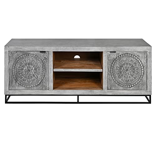 The Urban Port 63-Inch Handcrafted TV Media Entertainment Console, 2 Medallion Engraved Doors, Sandblasted Gray Mango Wood, Black Iron Stand