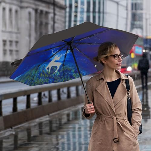 LLanxiry Umbrella Small Compact Travel Umbrellas for Rain Mini Folding Portable Automatic Open/Close Umbrella for Man/Women (elk starry sky)