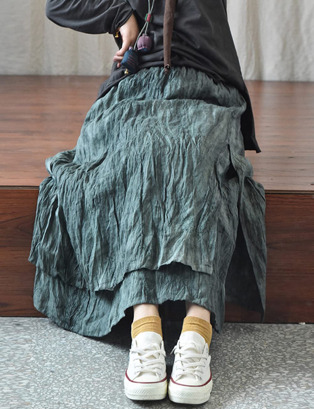 NFYM Women's Cotton Linen Skirts Textured Casual Layered Elastic Waistband Slit Mid-Calf Skirt with Pockets (as1, Alpha, one_Size, Regular, Regular, Dark Green)