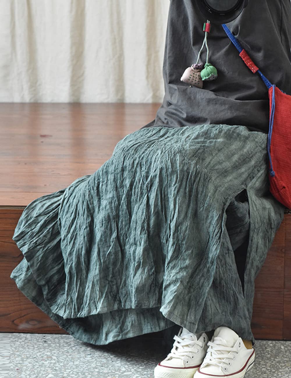 NFYM Women's Cotton Linen Skirts Textured Casual Layered Elastic Waistband Slit Mid-Calf Skirt with Pockets (as1, Alpha, one_Size, Regular, Regular, Dark Green)