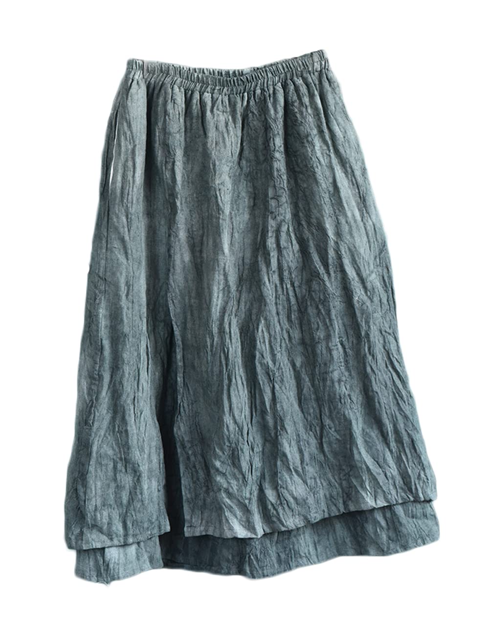 NFYM Women's Cotton Linen Skirts Textured Casual Layered Elastic Waistband Slit Mid-Calf Skirt with Pockets (as1, Alpha, one_Size, Regular, Regular, Dark Green)