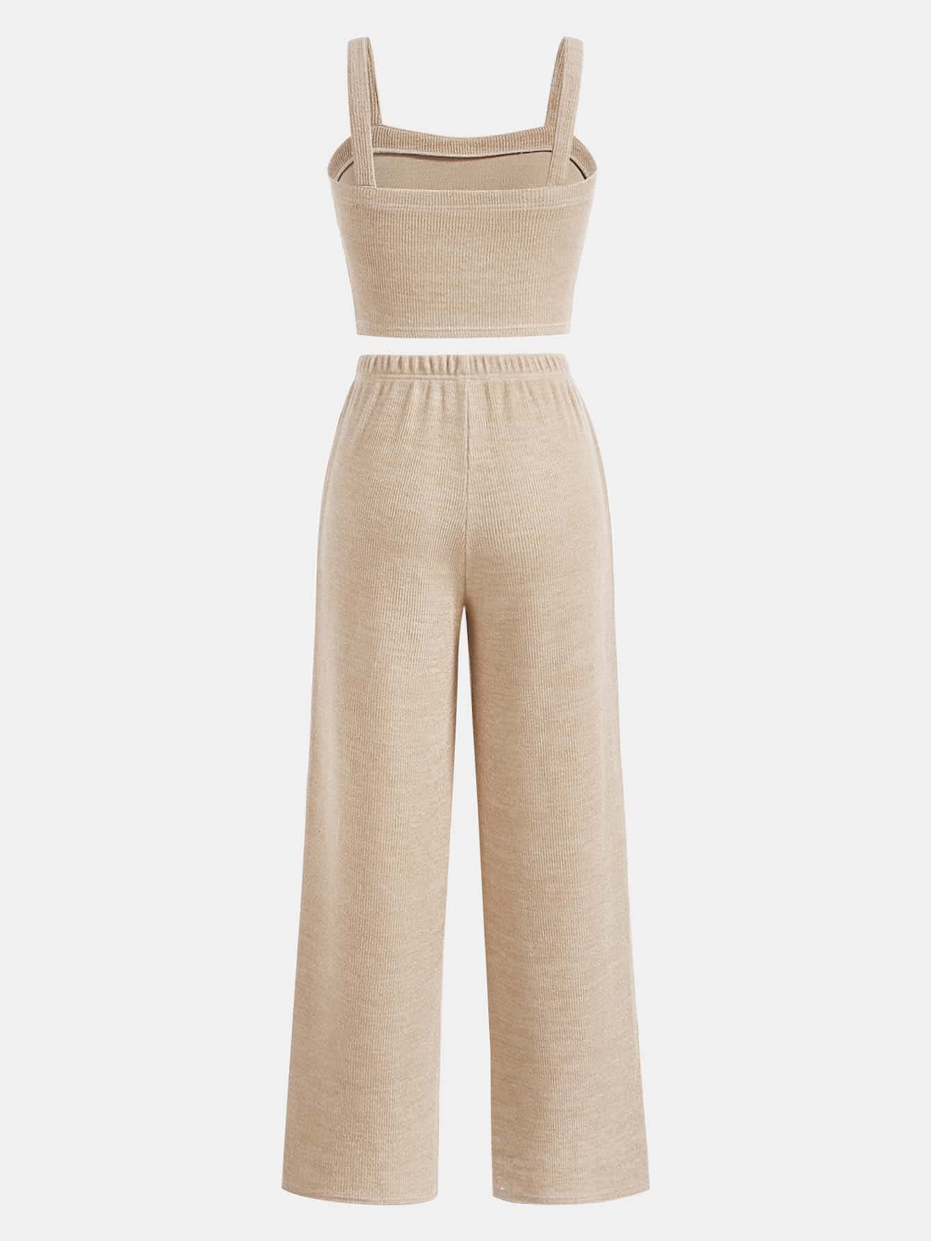 SOLY HUX Girl's Rib Knit Sleeveless Cami Crop Top and Wide Leg Pants 2 Pieces Solid Apricot 8-9Y