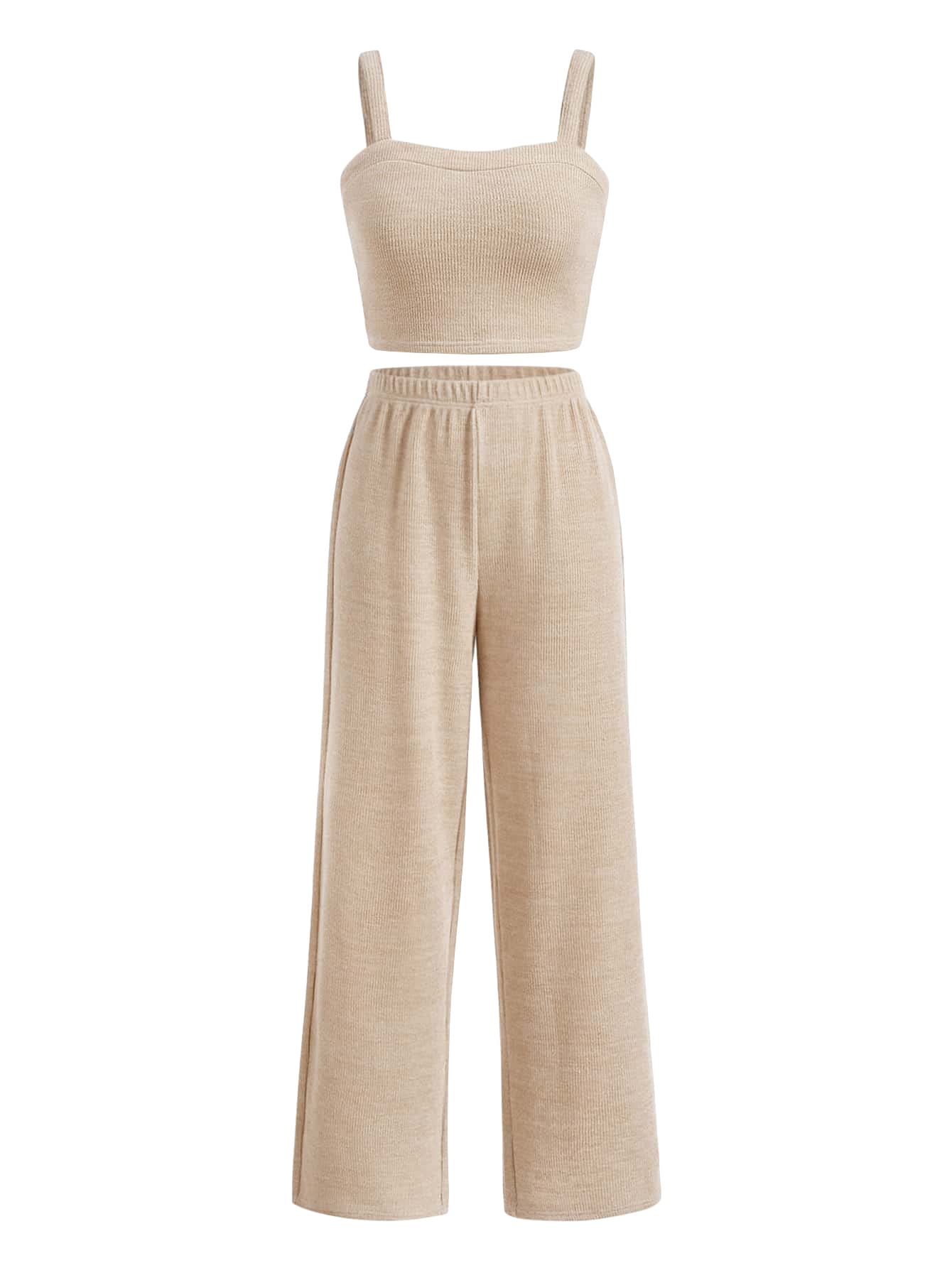 SOLY HUX Girl's Rib Knit Sleeveless Cami Crop Top and Wide Leg Pants 2 Pieces Solid Apricot 8-9Y