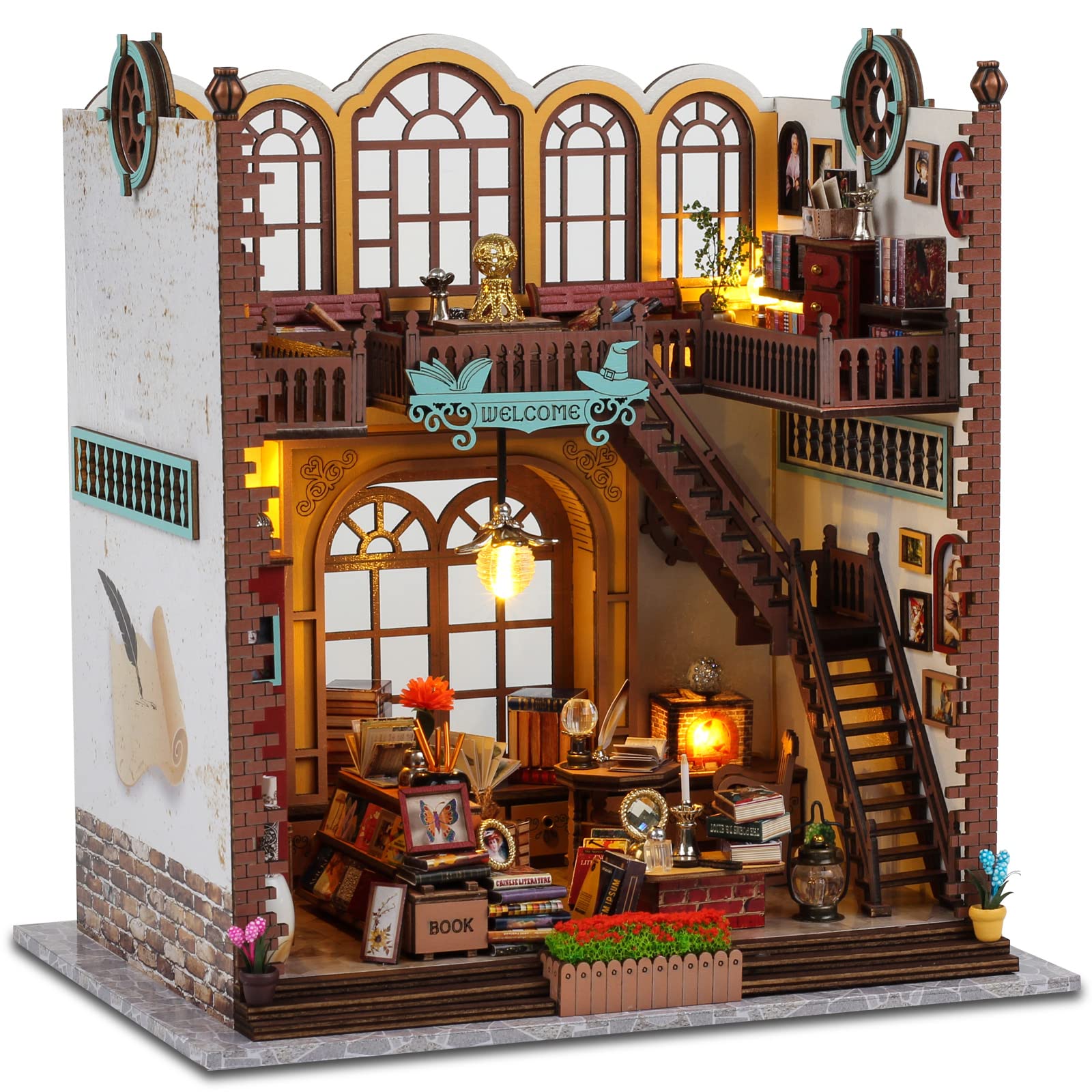 INSGEN DIY Miniature Dollhouse Greenhouse Building Room Kit, Wooden Diorama Book Nook House Kits Build Crafts for Adults, Miniature Street Tiny Library House Making Kit 1:24 Scale