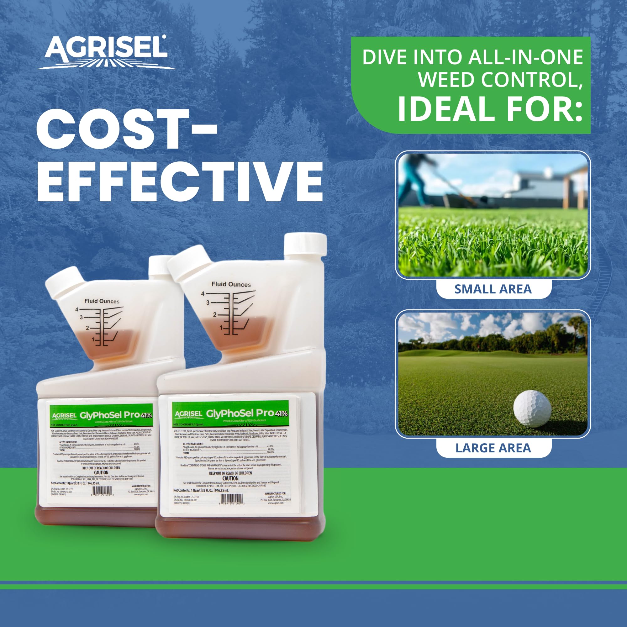 Agrisel GlyPhoSel Pro Weed Killer, Tackles Hard-to-Kill Weeds, Low-Odor, Easy Mixing, Pet Safe, 32 Ounces