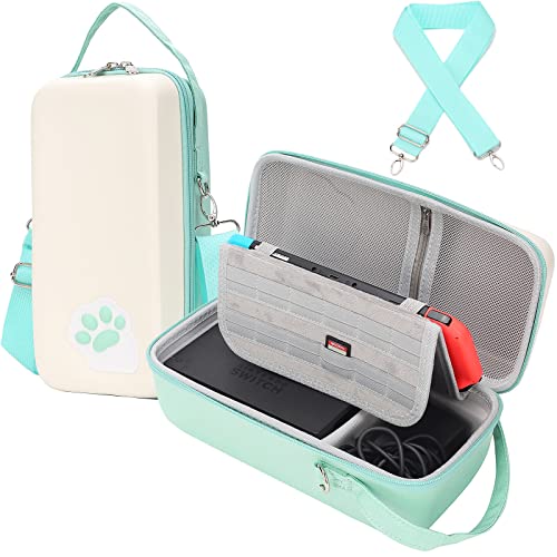 Green Cat Paw Carrying Storage Case for Nintendo Switch/Switch OLED Model, Portable Travel All Protective Hard Messenger Bag Soft Lining for Switch Console, Pro Controller, Accessories.