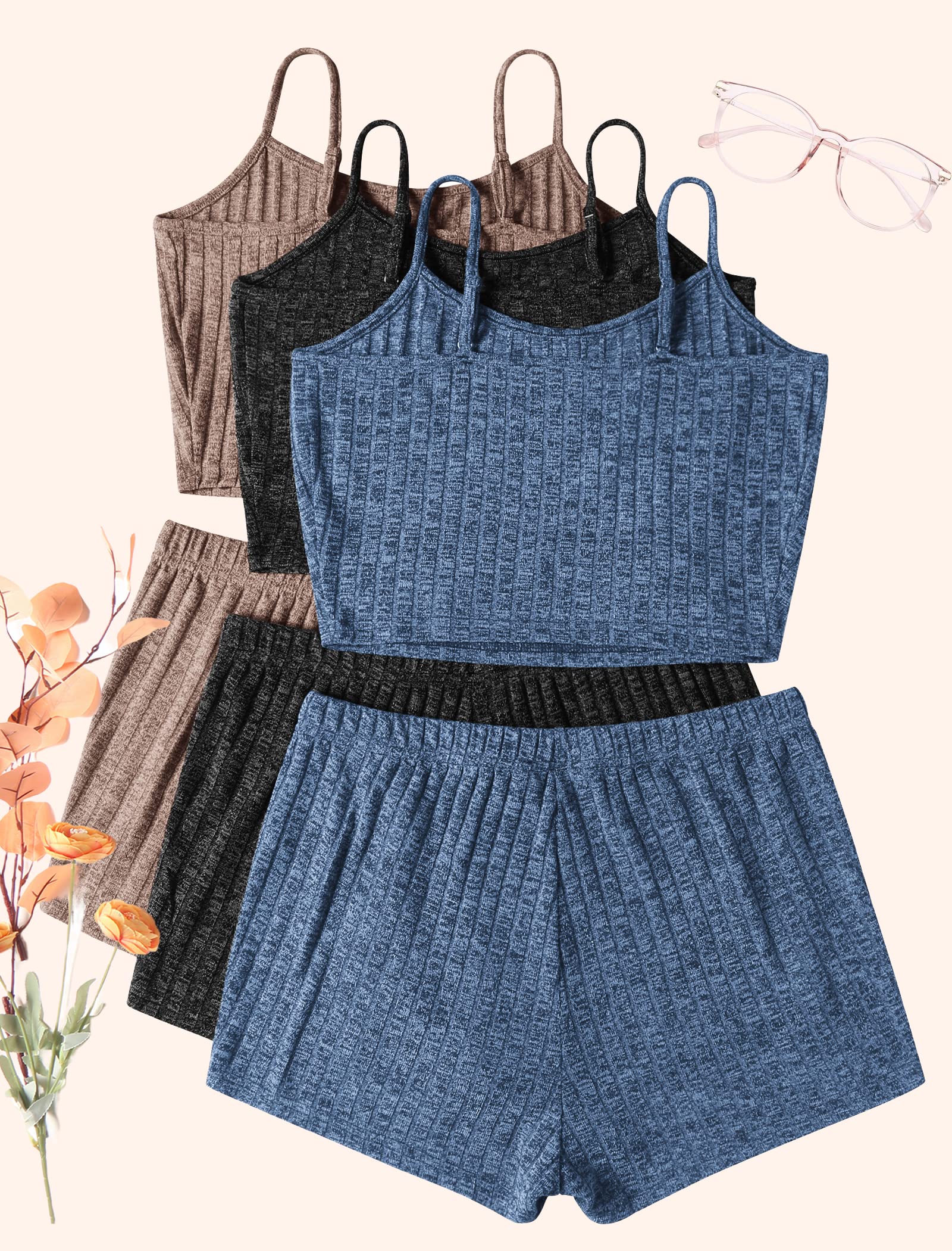 Ekouaer 3 Sets for Women Ribbed Pajamas Crop Cami Top and Shorts Pjs Casual Sleeveless Button Lounge Set Sleepwear Khaki/Black/Plain Blue,X-Large