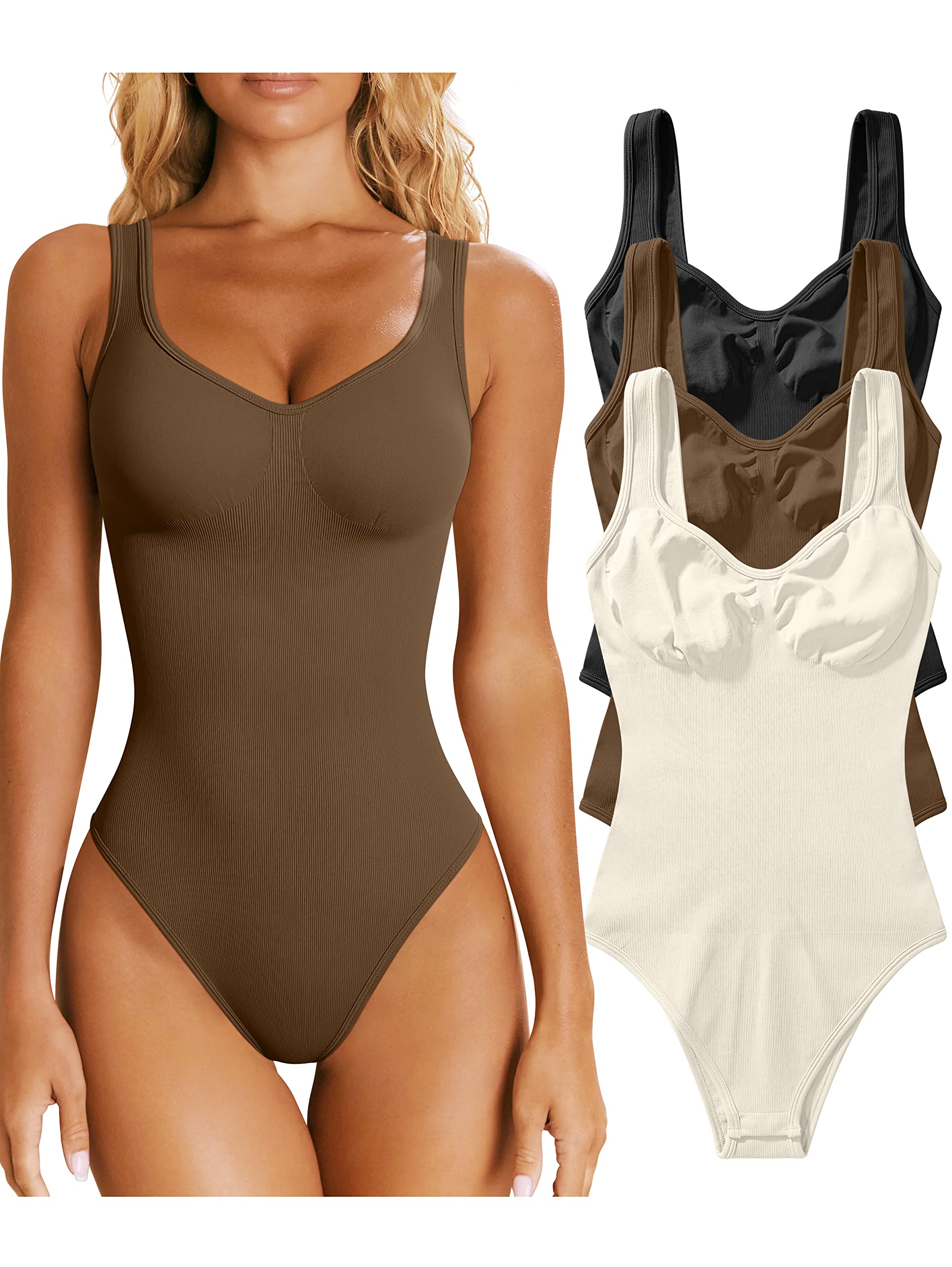 OQQ Women's 3 Piece Bodysuits Sexy Ribbed Sleeveless Shapewear Tank Tops 2025 Summer Leotard Black Coffee Beige