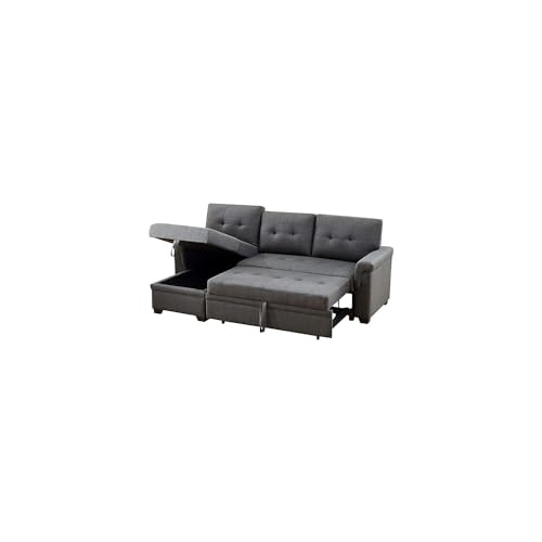 Maykoosh Lakeside Living Linen Cotton Upholstery Fabric Reversible 3 Seating Sectional Sleeper Sofa Chaise with Storage - 86" D x 54" W x 35" H Steel Gray