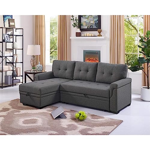 Maykoosh Lakeside Living Linen Cotton Upholstery Fabric Reversible 3 Seating Sectional Sleeper Sofa Chaise with Storage - 86" D x 54" W x 35" H Steel Gray