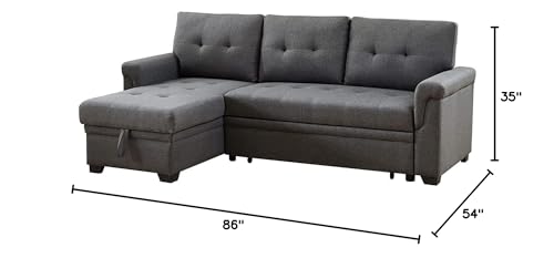Maykoosh Lakeside Living Linen Cotton Upholstery Fabric Reversible 3 Seating Sectional Sleeper Sofa Chaise with Storage - 86" D x 54" W x 35" H Steel Gray
