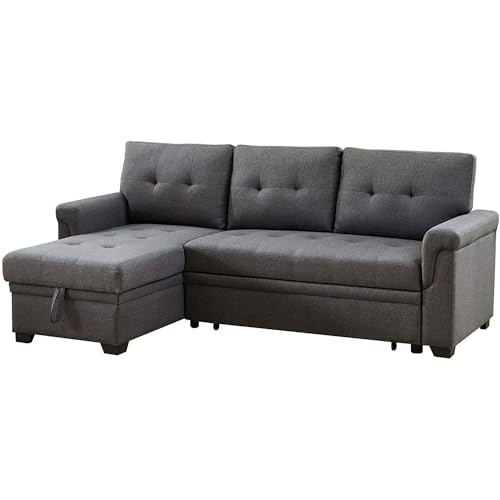 Maykoosh Lakeside Living Linen Cotton Upholstery Fabric Reversible 3 Seating Sectional Sleeper Sofa Chaise with Storage - 86" D x 54" W x 35" H Steel Gray