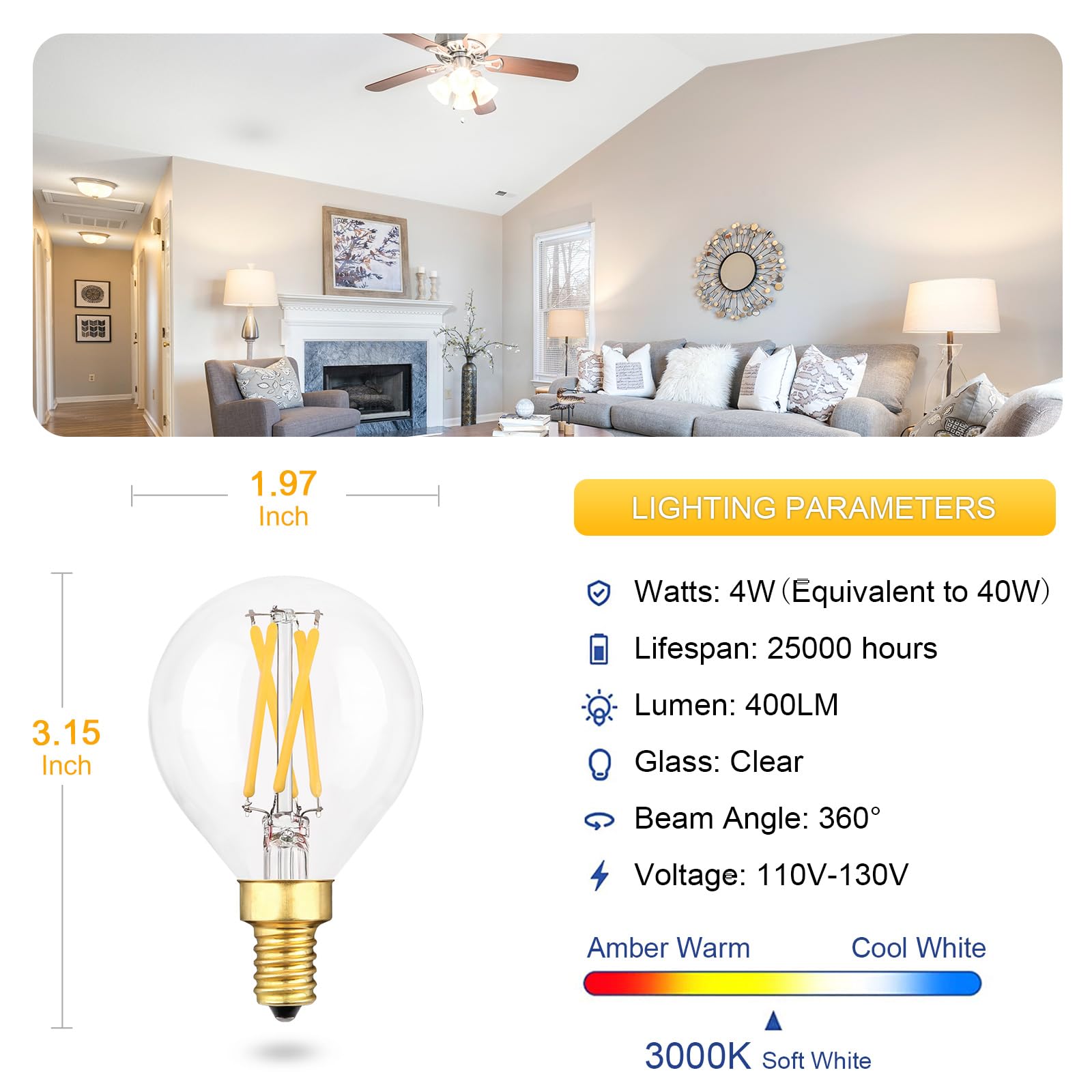 EQ Lighting Dimmable LED Ceiling Fan Light Bulb, Round E12 Base LED Candelabra Bulbs 40 Watt Equivalent 3000K Soft Warm G15 Globe LED Light Bulbs Candelabra Base, 4W 400LM, 3 Pack