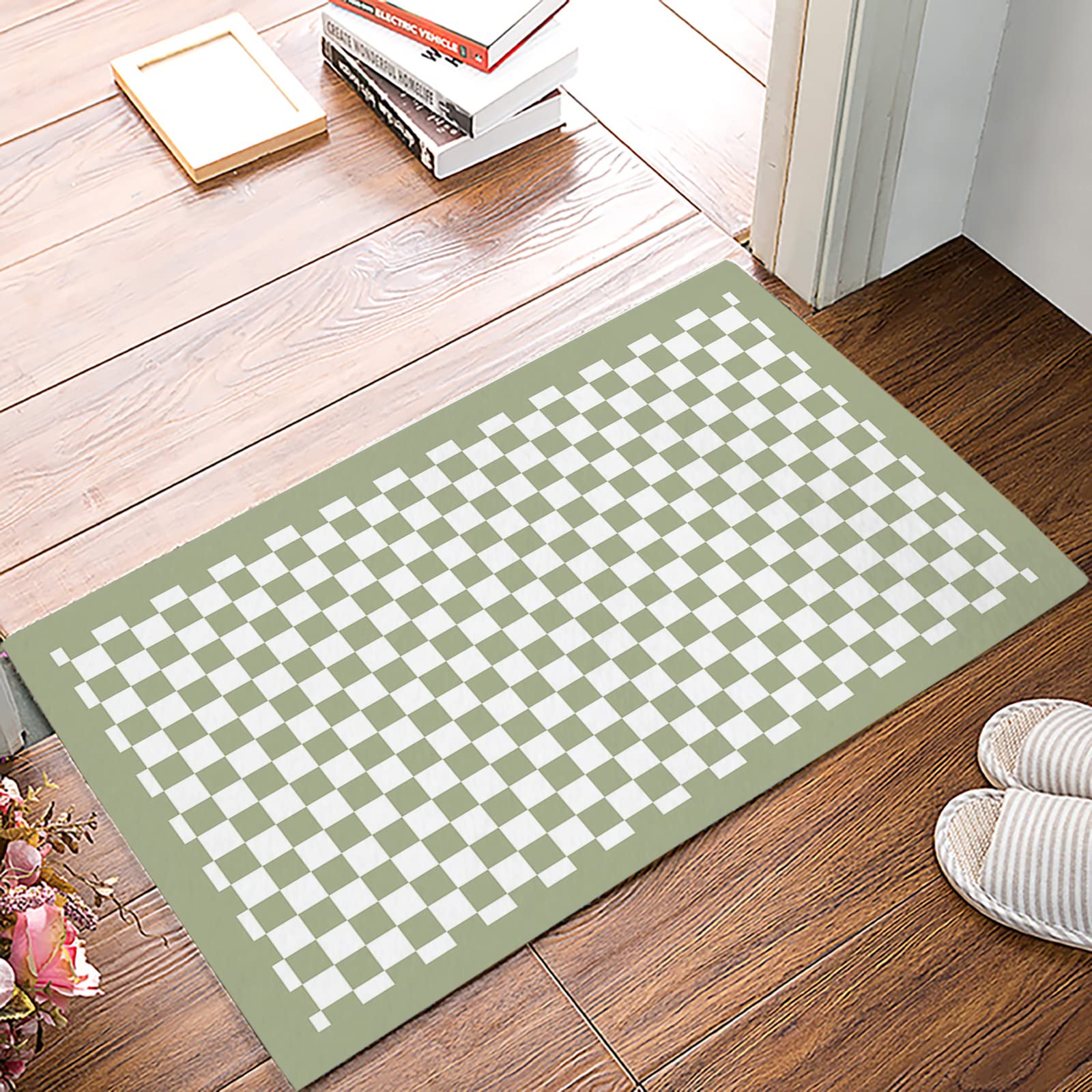 Homechoid Sage Green Plaid Front Door Mat for Indoor Entrance Country French Rustic Buffalo Check Absorbent Doormat for Bathroom/Garage/Kitchen/Entry/Back, Washable, 18x30 Inche