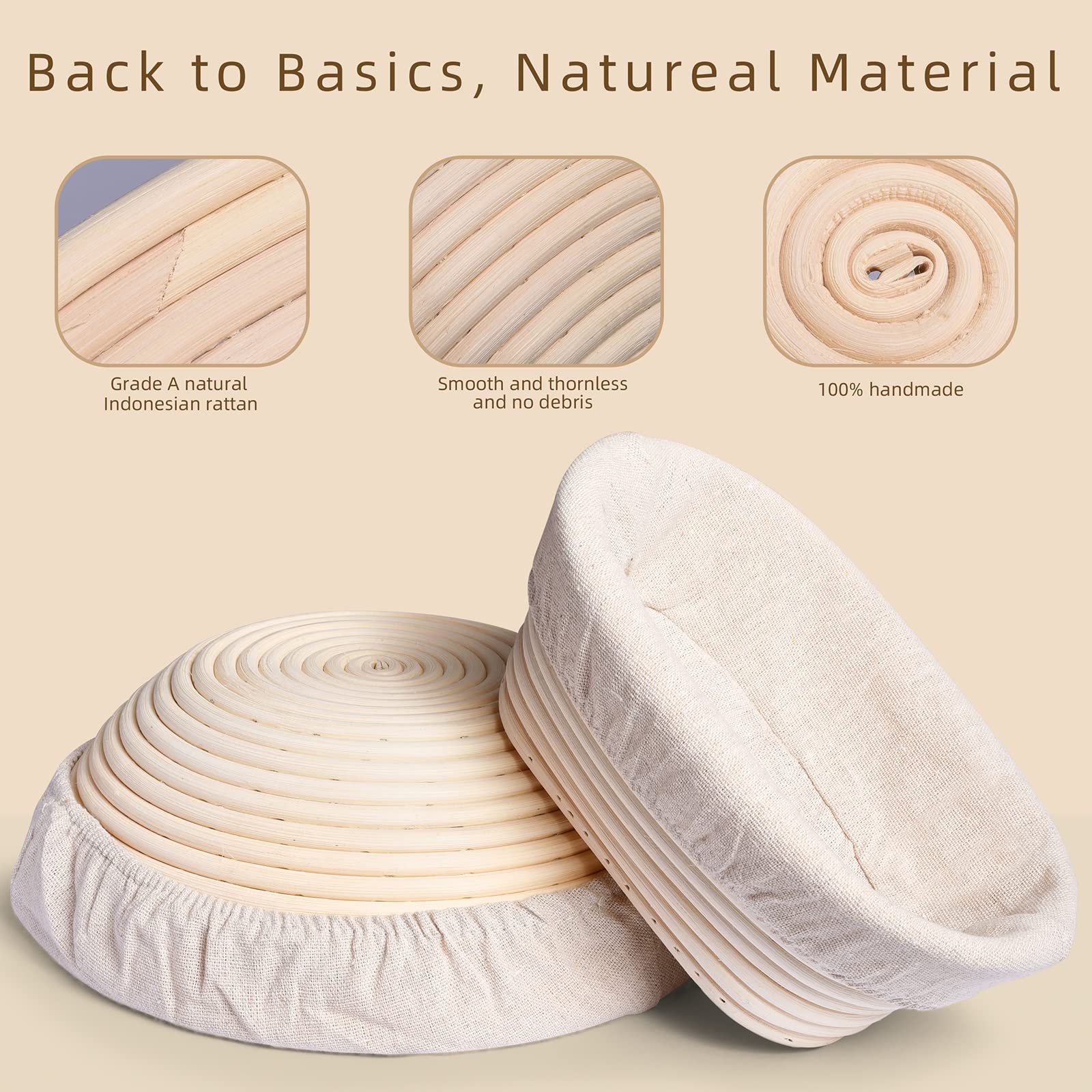 AIxibu Banneton Bread Proofing Basket Set of 2,10-inch Round and 8-inch Oval Sourdough Proofing Baskets - Complete Bread Making Kit for Home Bakers