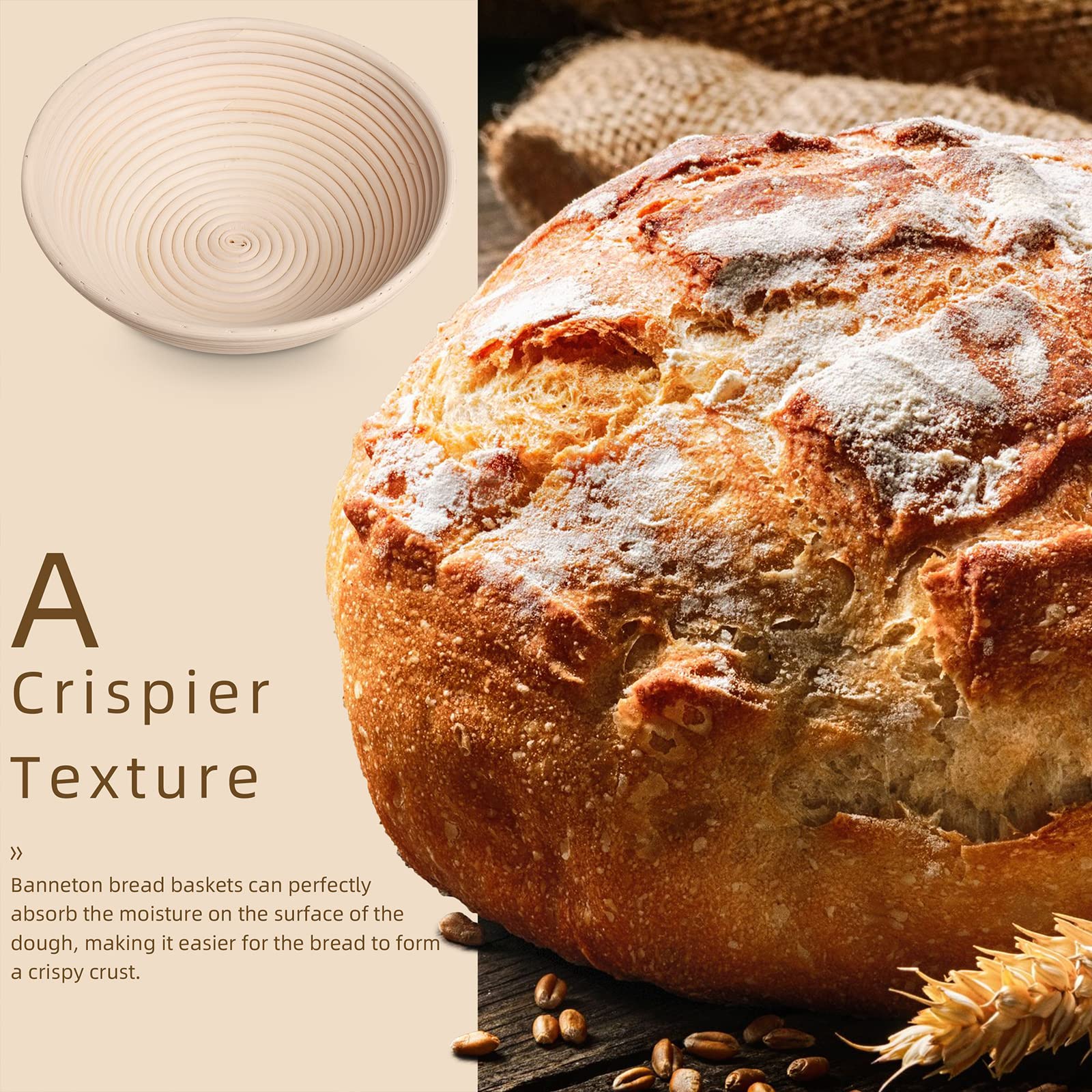 AIxibu Banneton Bread Proofing Basket Set of 2,10-inch Round and 8-inch Oval Sourdough Proofing Baskets - Complete Bread Making Kit for Home Bakers